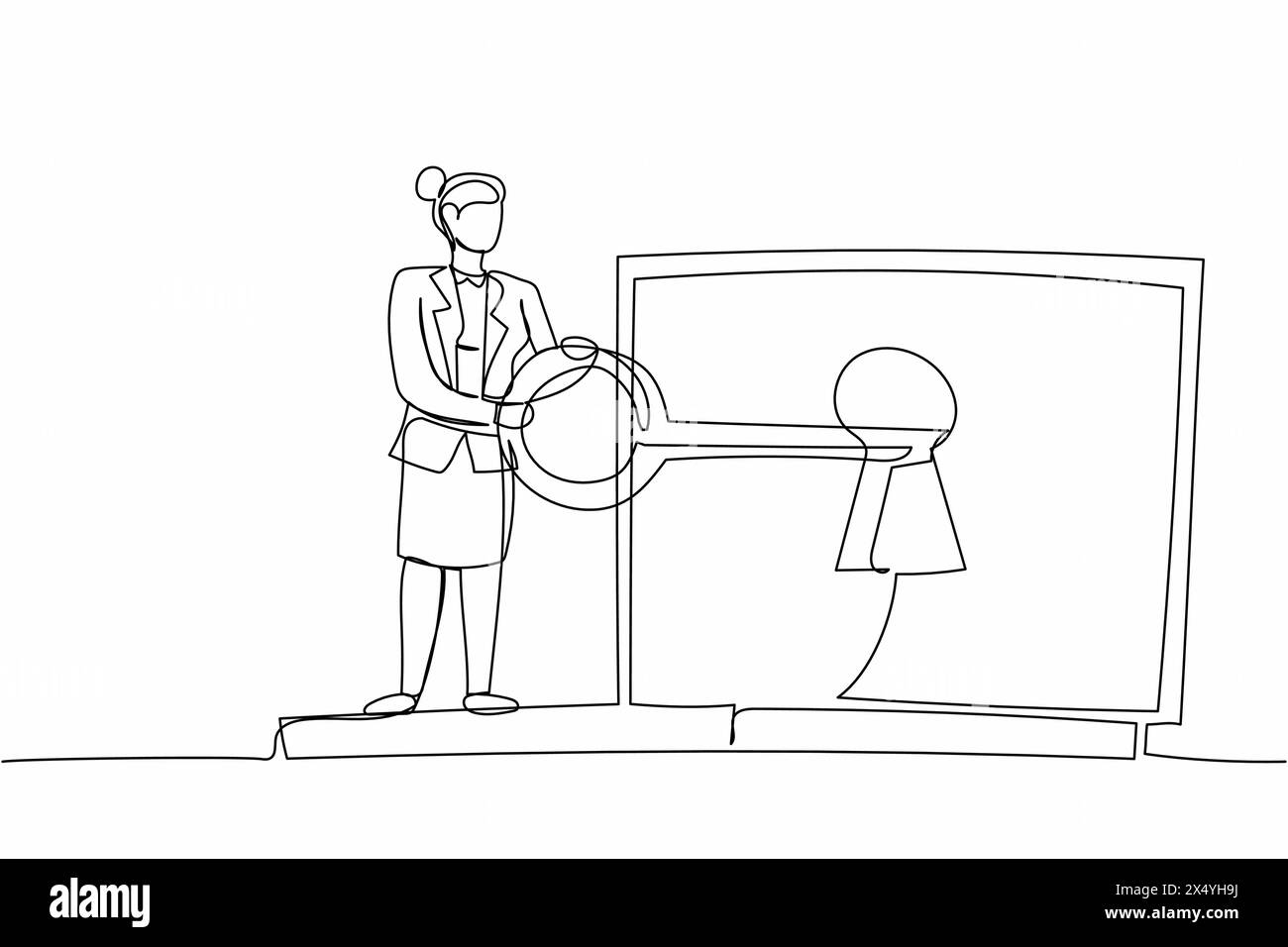Single continuous line drawing businesswoman put key into laptop ...