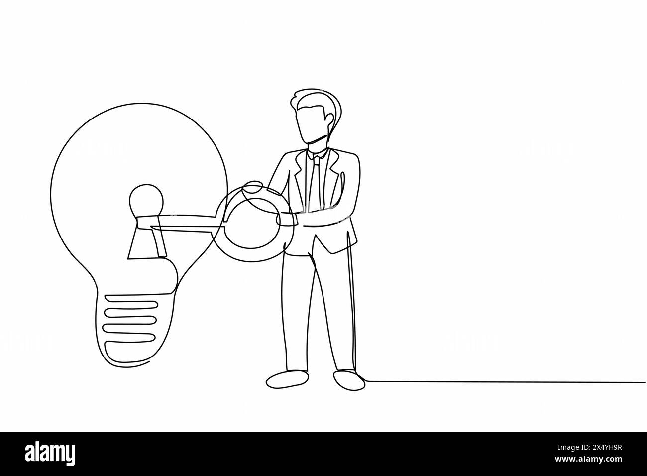 Continuous one line drawing businessman putting big key into light bulb ...
