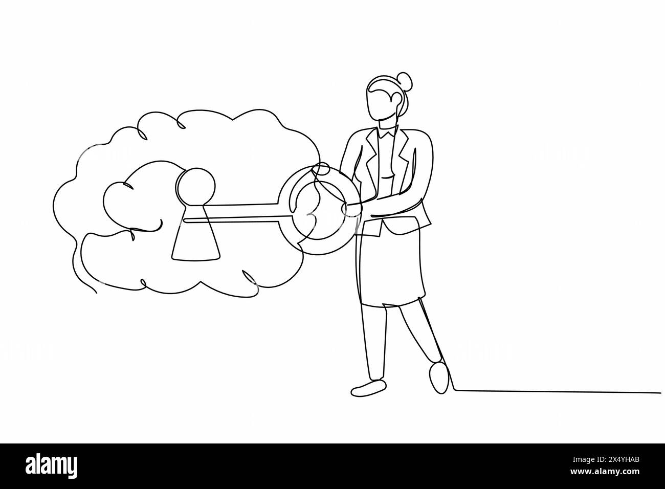 Continuous one line drawing businesswoman put key into brain. Open ...