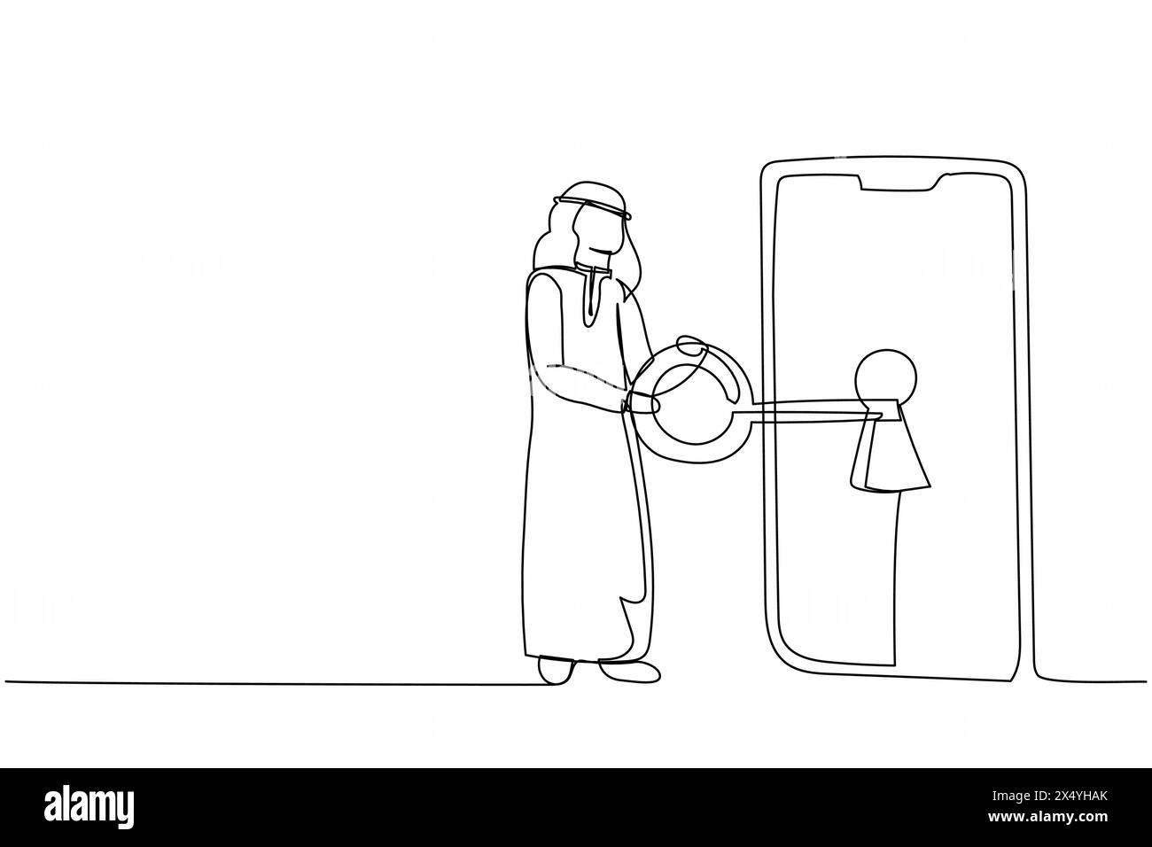 Single one line drawing Arab businessman putting big key into ...