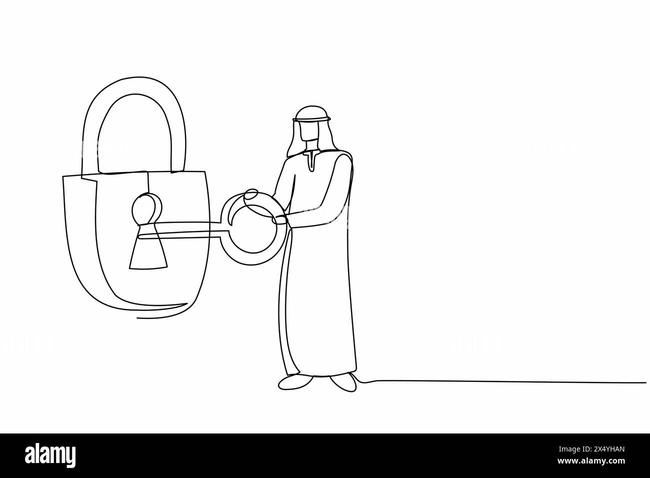 Continuous one line drawing Arab businessman putting big key into ...