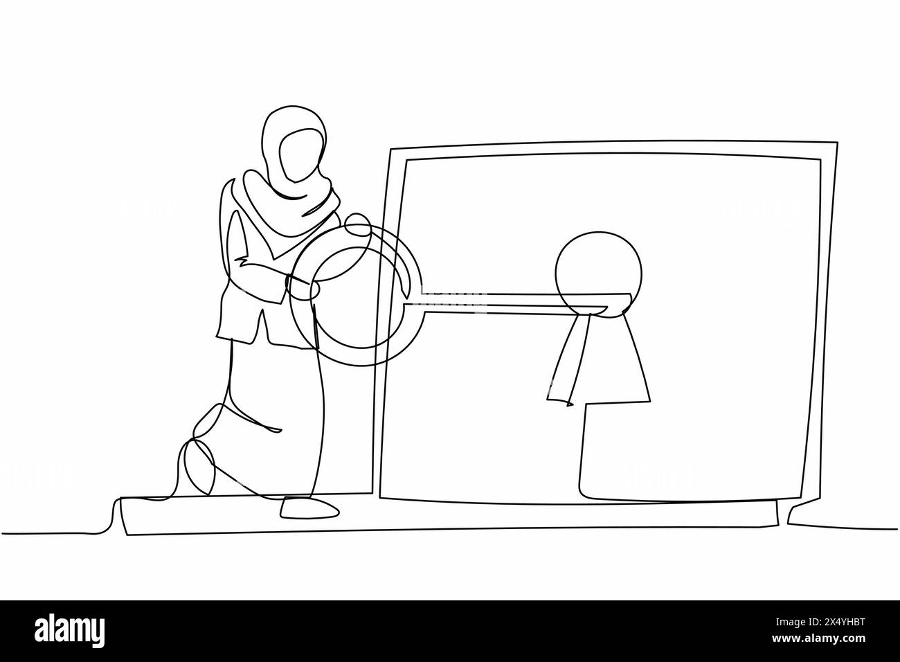 Continuous one line drawing Arab businesswoman put key into laptop ...