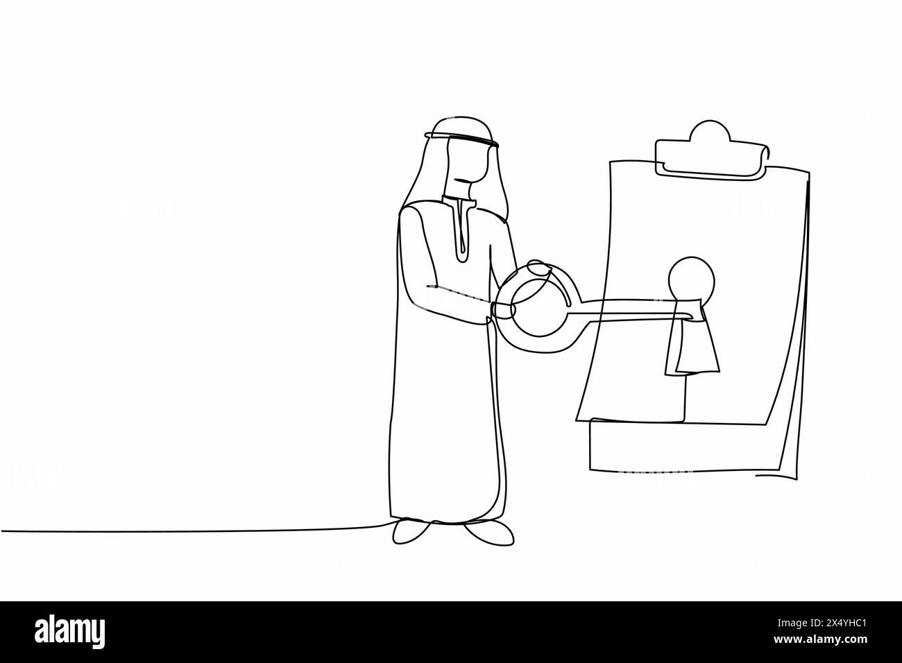 Single continuous line drawing Arabian businessman put big key into ...