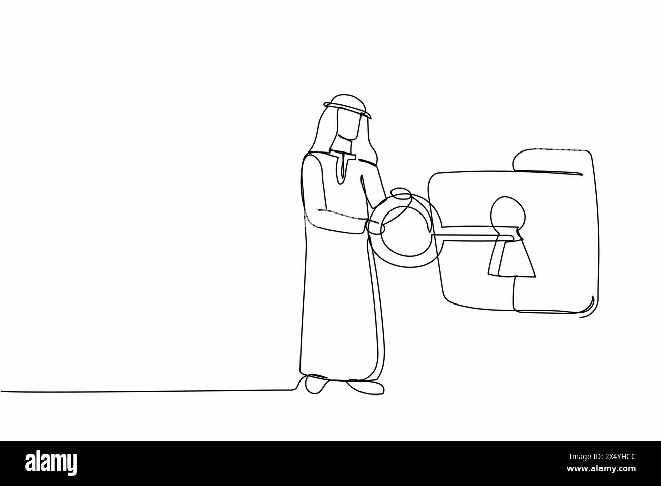 Single continuous line drawing Arab businessman putting big key into ...
