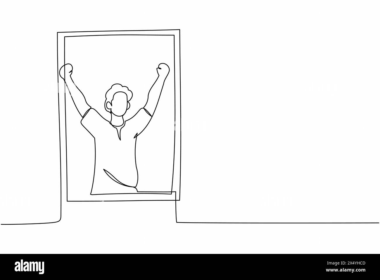 Continuous one line drawing happy man look out of window meet welcome ...