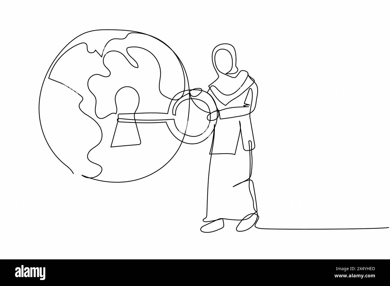 Single one line drawing Arabian businesswoman put key into globe. Save ...