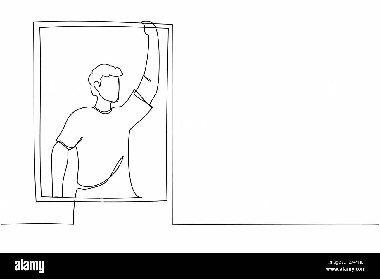 Continuous one line drawing man standing near window with raised or ...