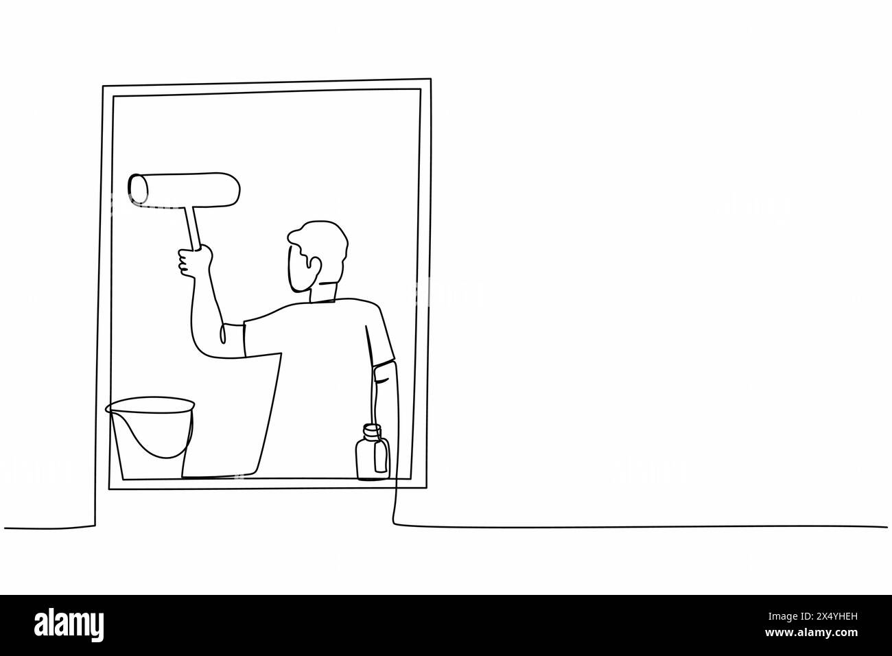 Single continuous line drawing man cleaning windows with glass cleaner ...