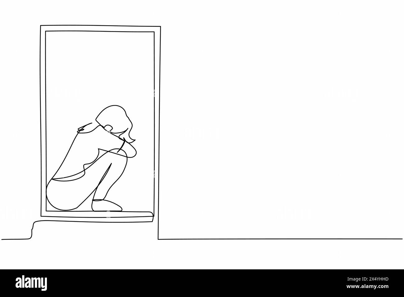 Single continuous line drawing desperate young woman sitting on ...
