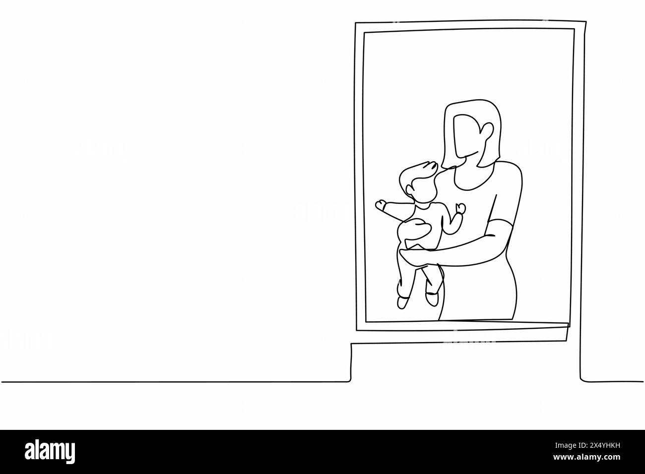 Continuous one line drawing woman holding newborn baby near window ...