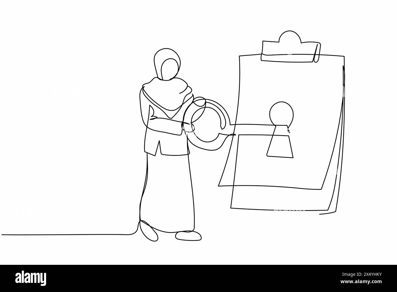 Continuous one line drawing Arab businesswoman put key into clipboard ...