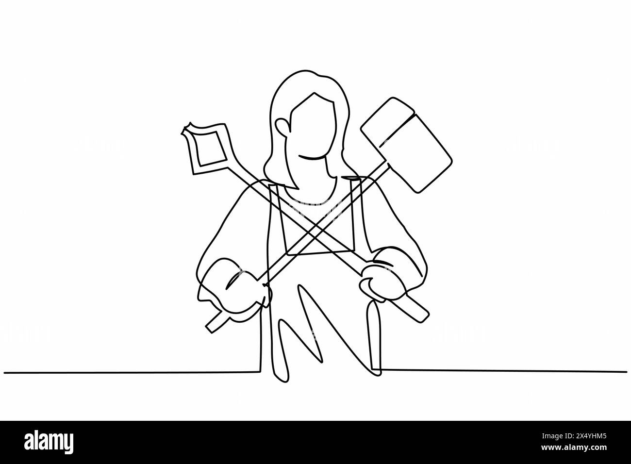Single continuous line drawing female blacksmith standing wearing apron ...