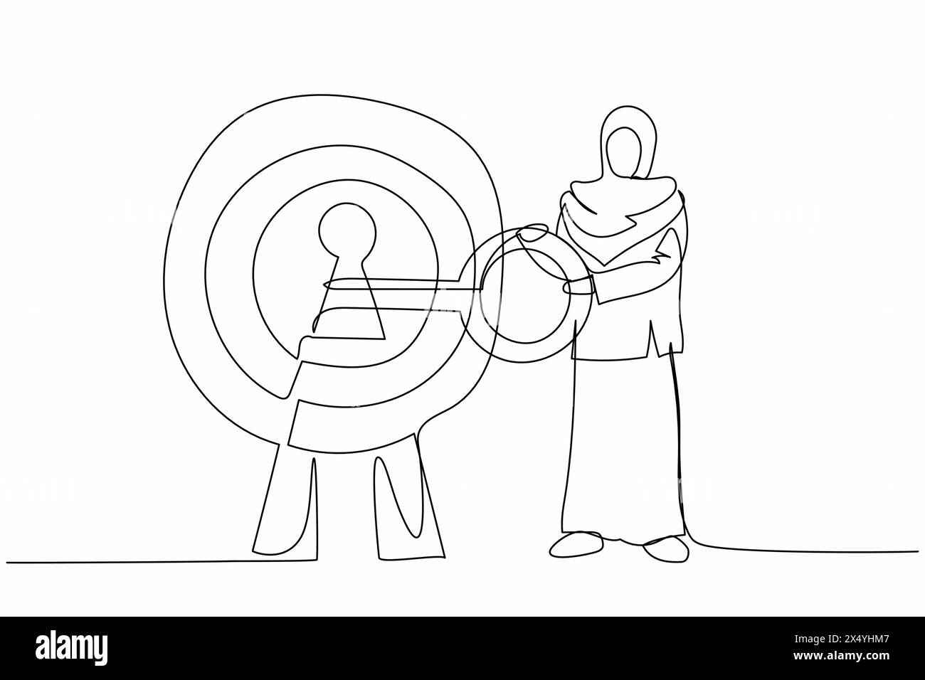 Single continuous line drawing Arabian businesswoman put key into ...