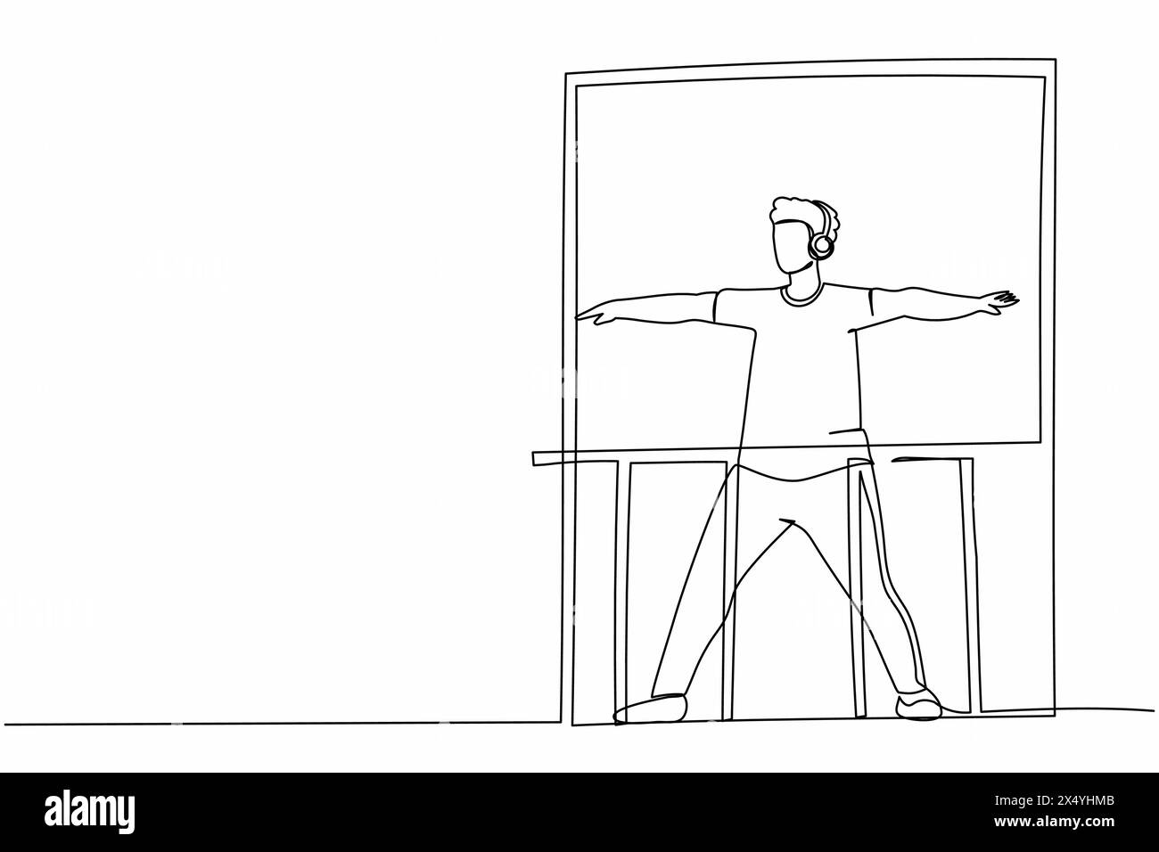 Continuous one line drawing healthy man with headphone practices yoga ...
