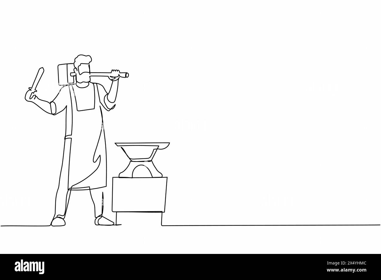 Single one line drawing bearded male blacksmith standing wearing apron ...