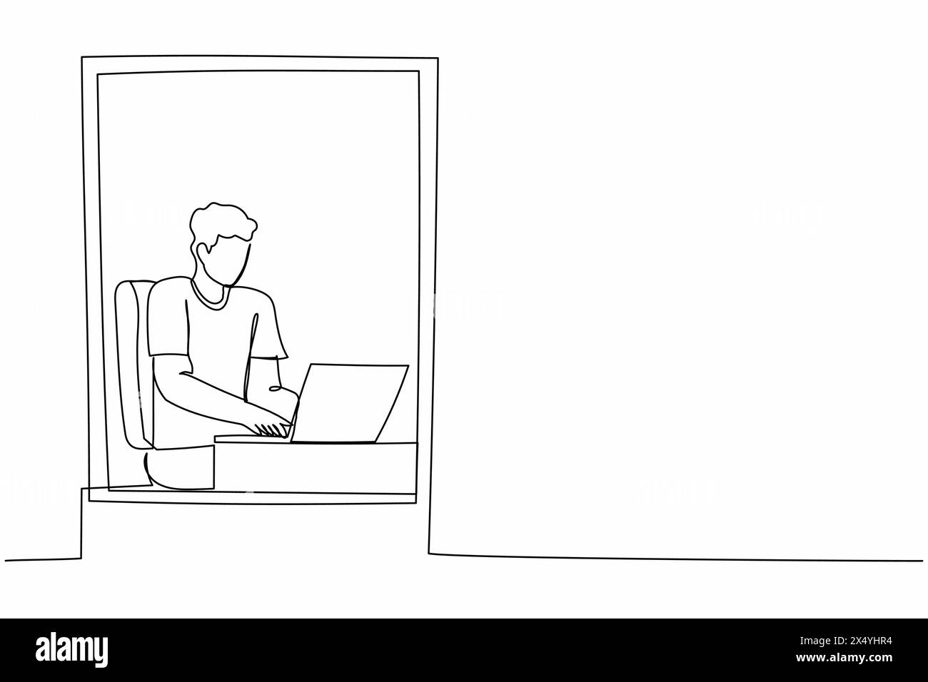 Single continuous line drawing man working from home near window ...
