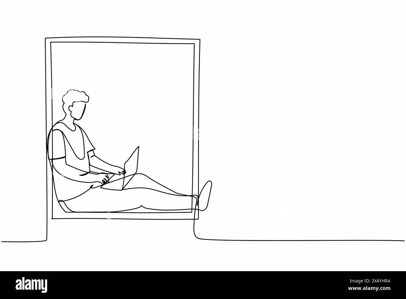 Single continuous line drawing man freelancer sitting on windowsill ...