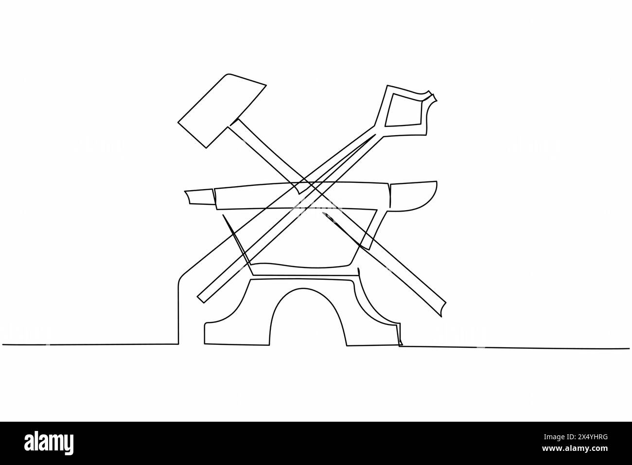 Continuous one line drawing blacksmiths tools icon. Crossed hammer ...