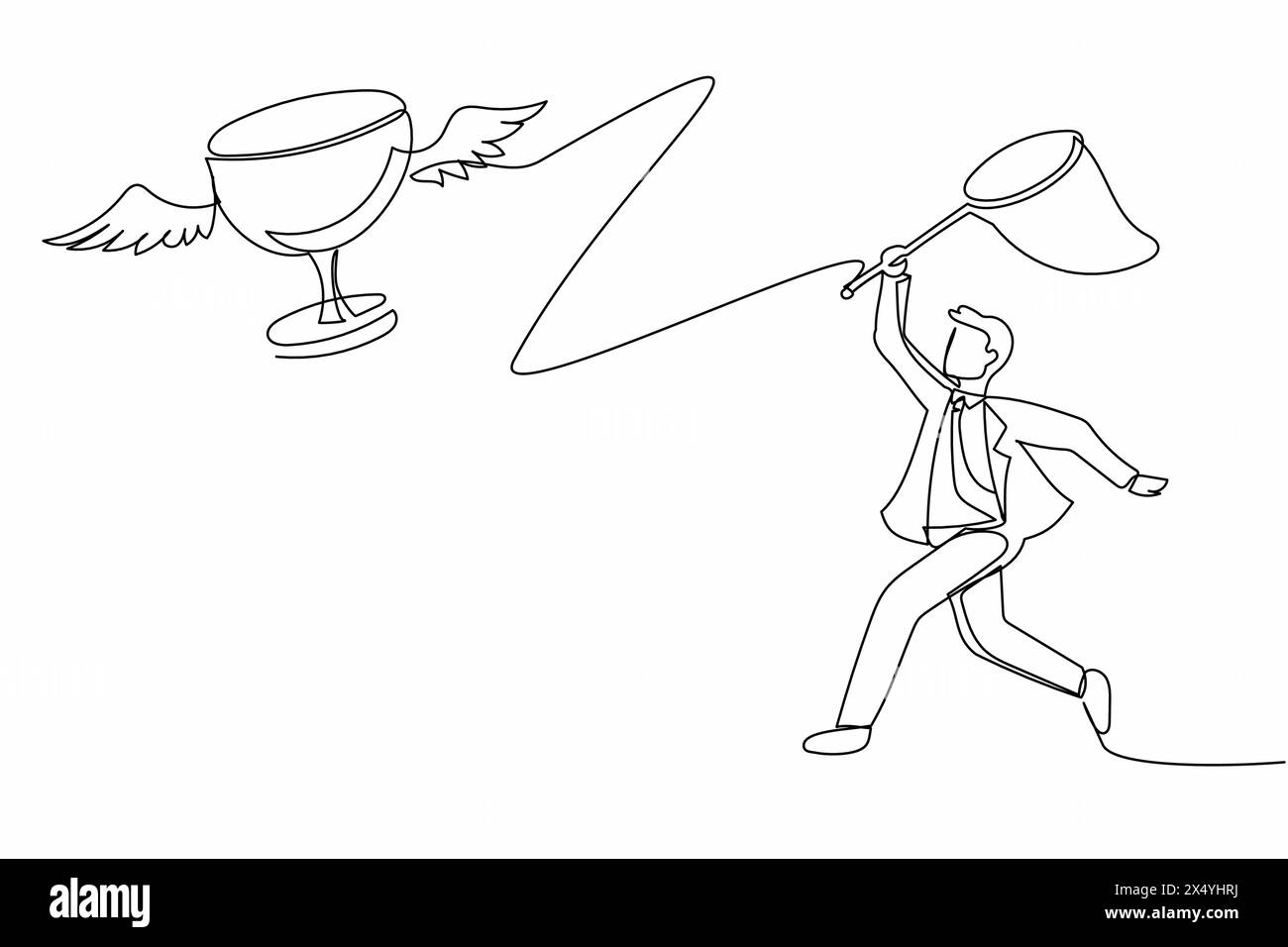 Continuous one line drawing businessman try to catching flying trophy ...
