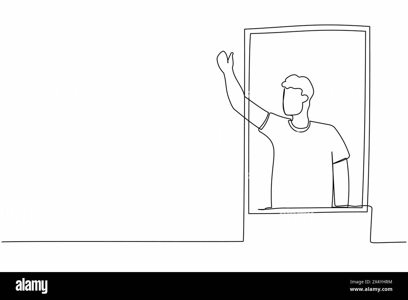 Single continuous line drawing young male waving at window as look like ...