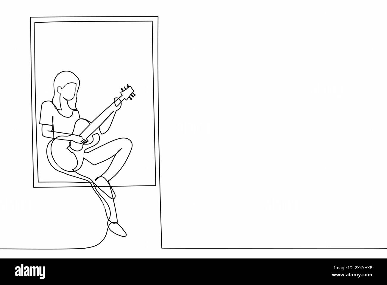 Single continuous line drawing young woman sitting on windowsill and ...