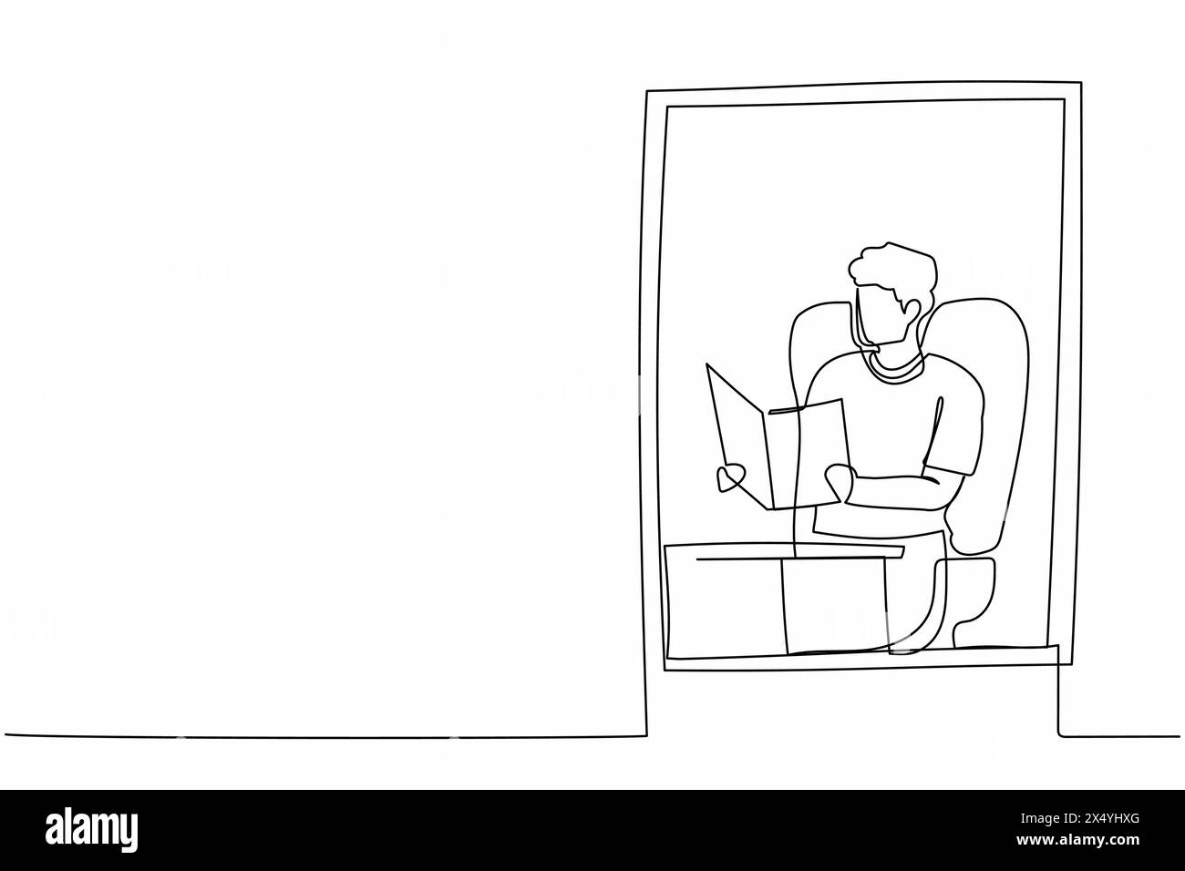 Single continuous line drawing man in chair at home with literature ...