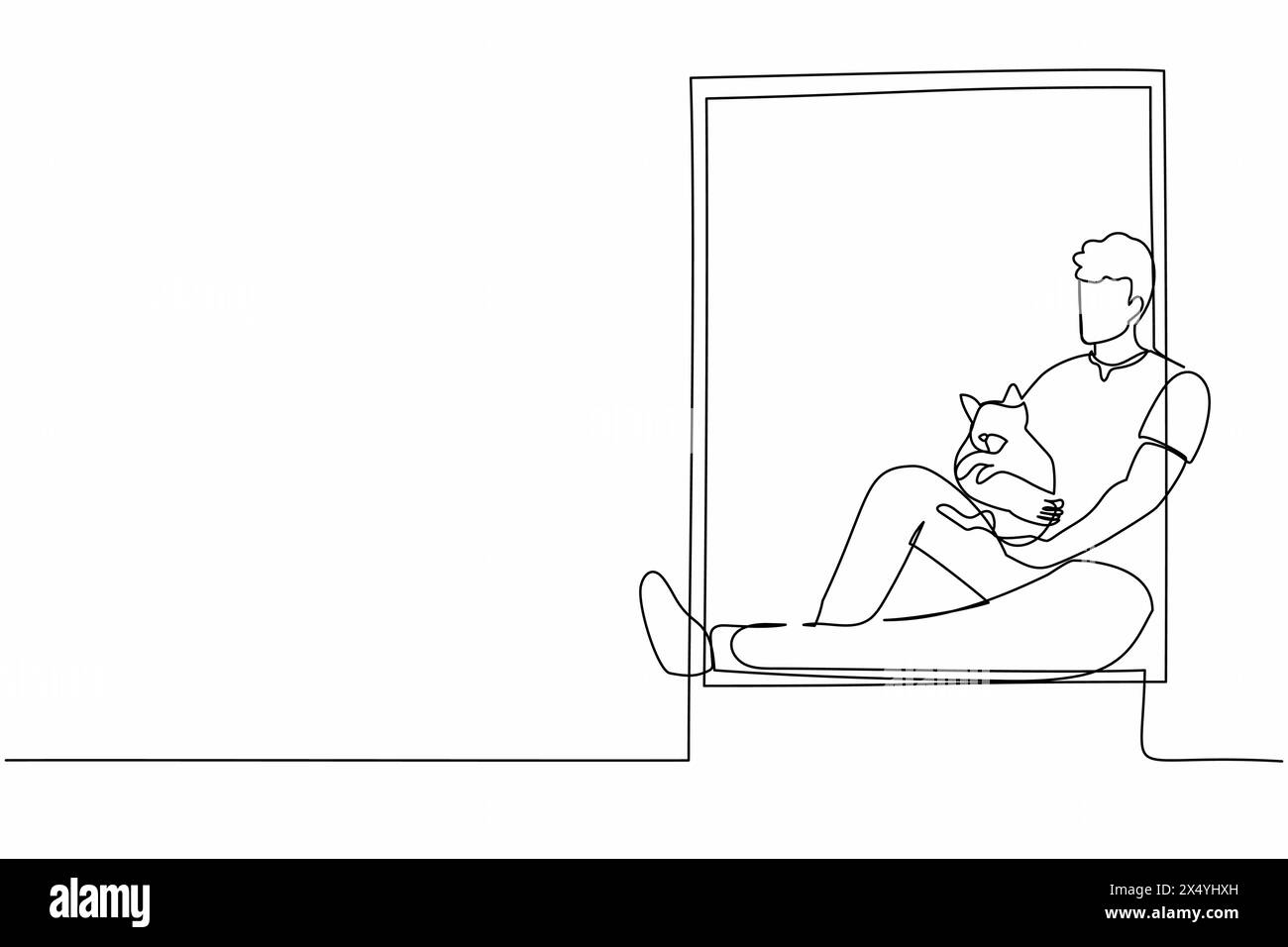 Single one line drawing calm guy with cat looks in house window. Happy ...