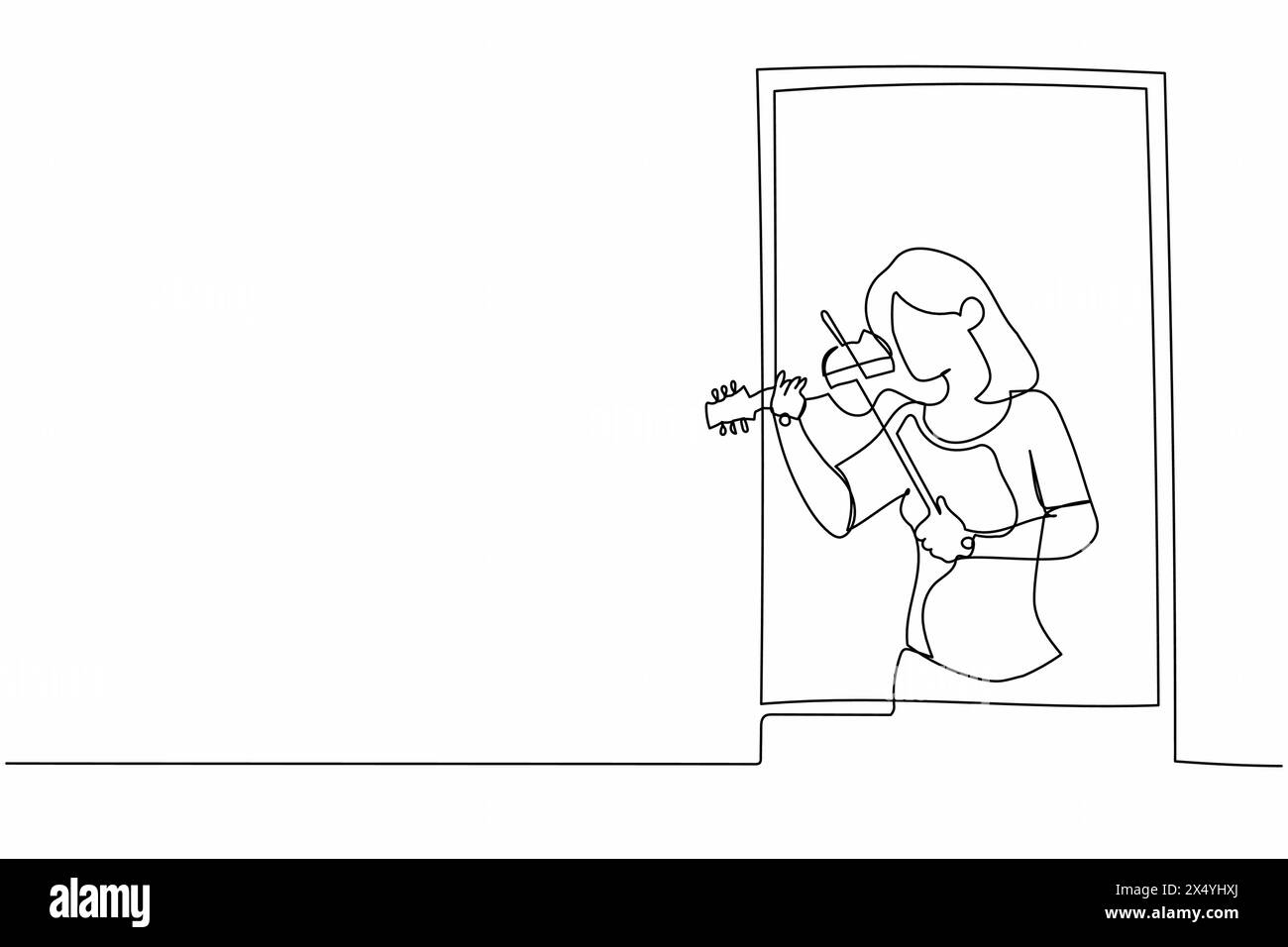Continuous one line drawing female musician standing near window and ...