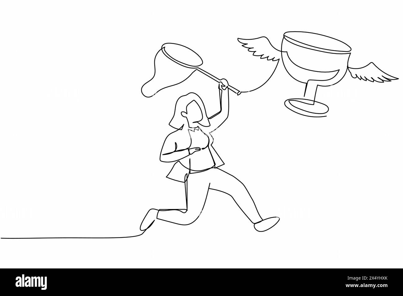 Single one line drawing businesswoman try to catching flying trophy ...