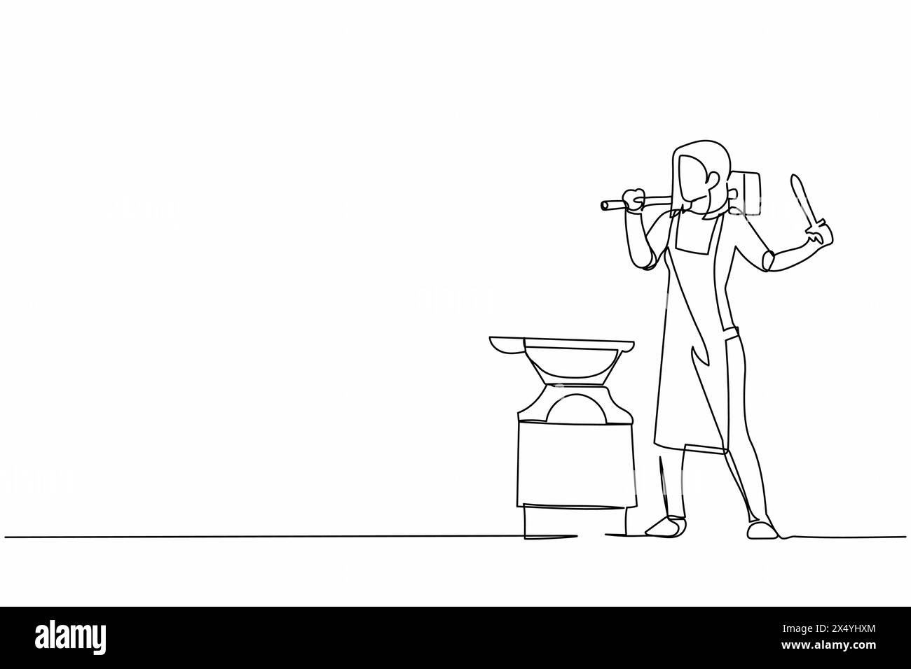 Single one line drawing female blacksmith standing in front of anvil ...
