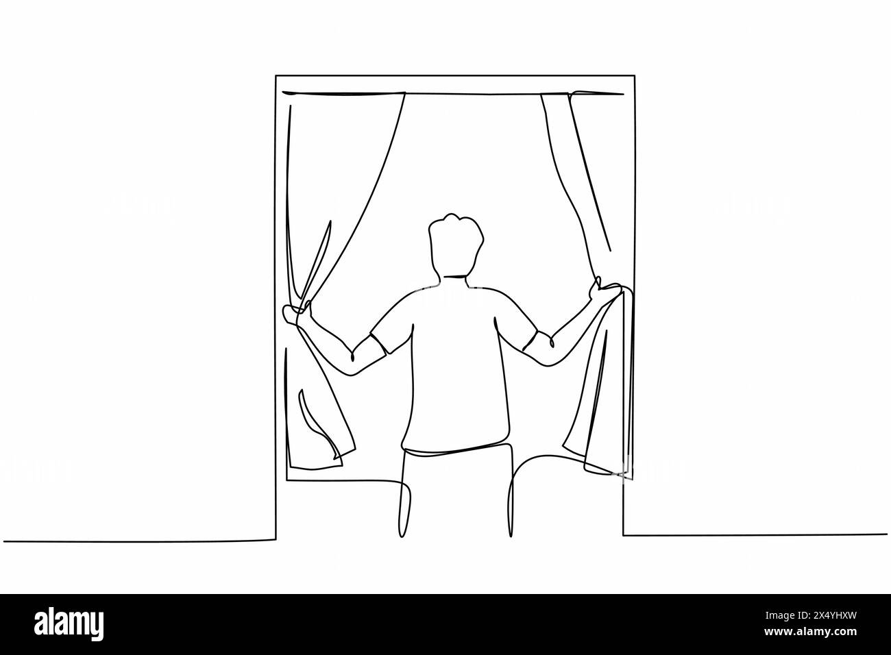 Single one line drawing happy man opening window curtains. Wake up and ...