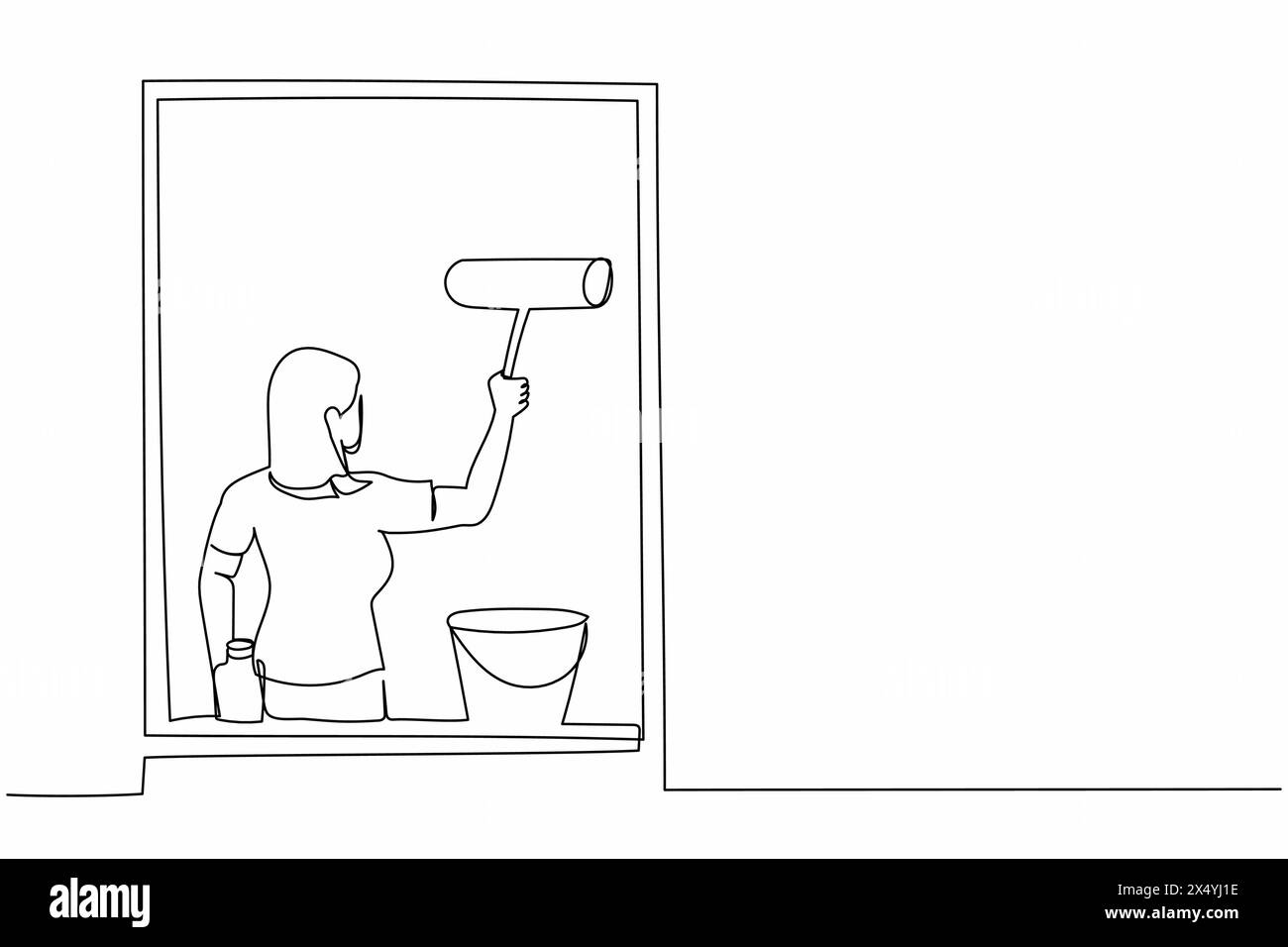 Single continuous line drawing young woman cleaning windows with glass ...