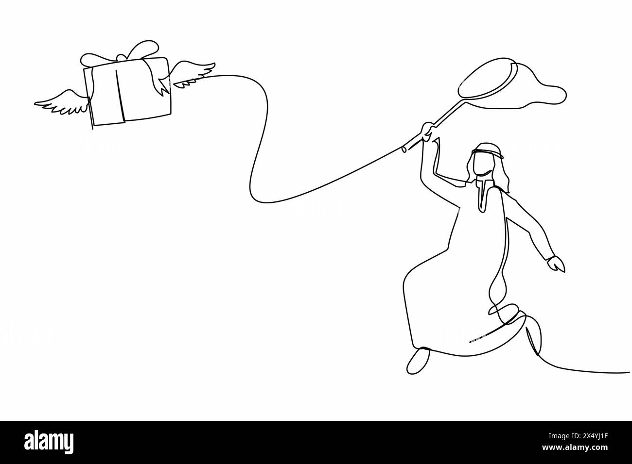 Single one line drawing Arabian businessman try to catching flying gift ...