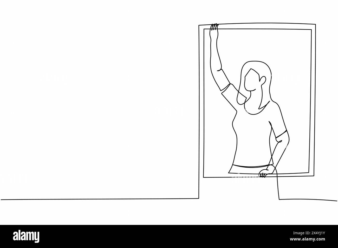 Continuous one line drawing young woman standing near window with ...