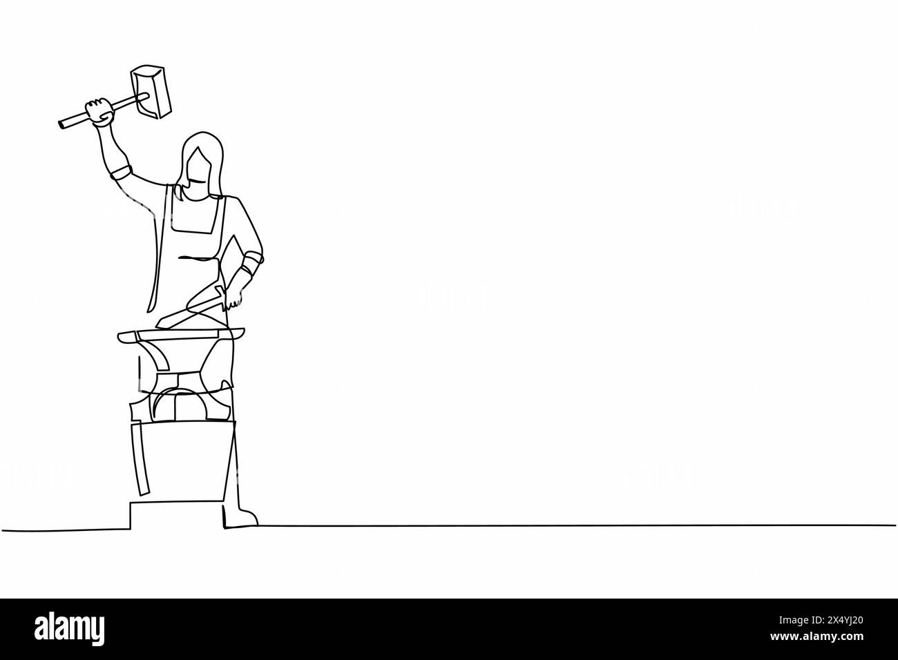 Single one line drawing female blacksmith wearing apron forges small ...