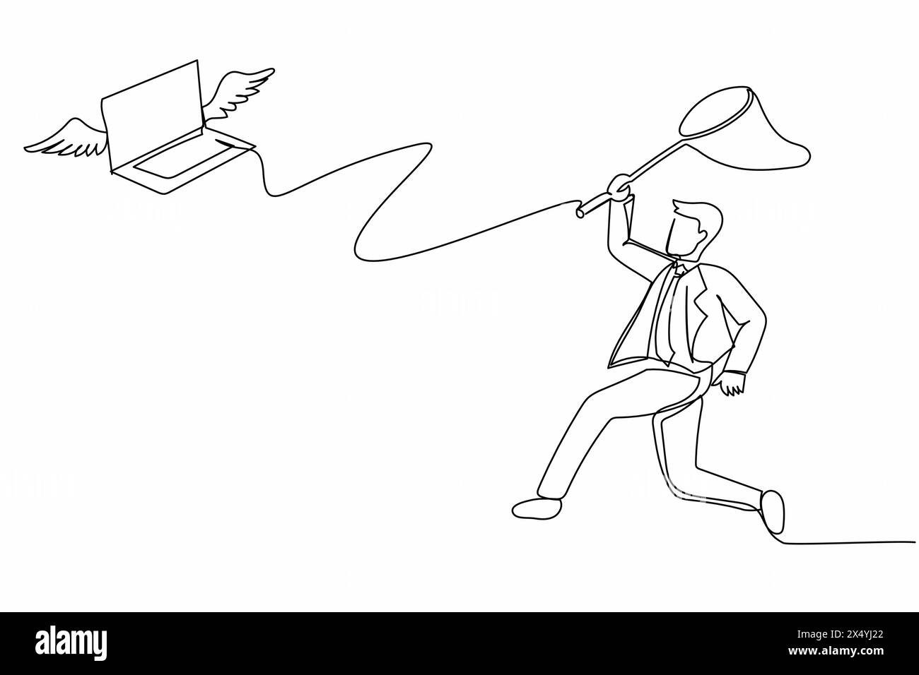 Single one line drawing attractive businessman try to catching flying ...