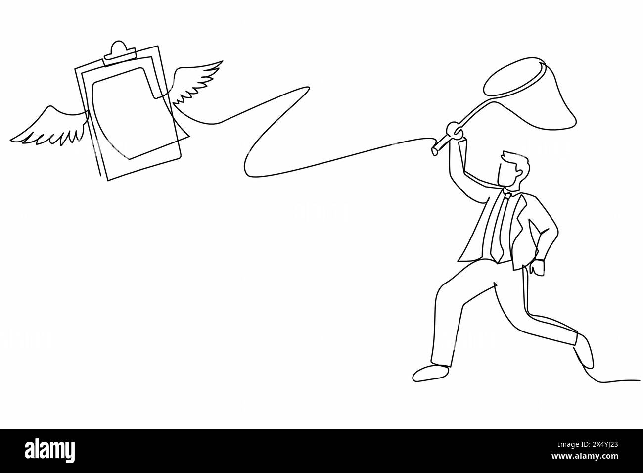 Single continuous line drawing businessman try to catching flying ...