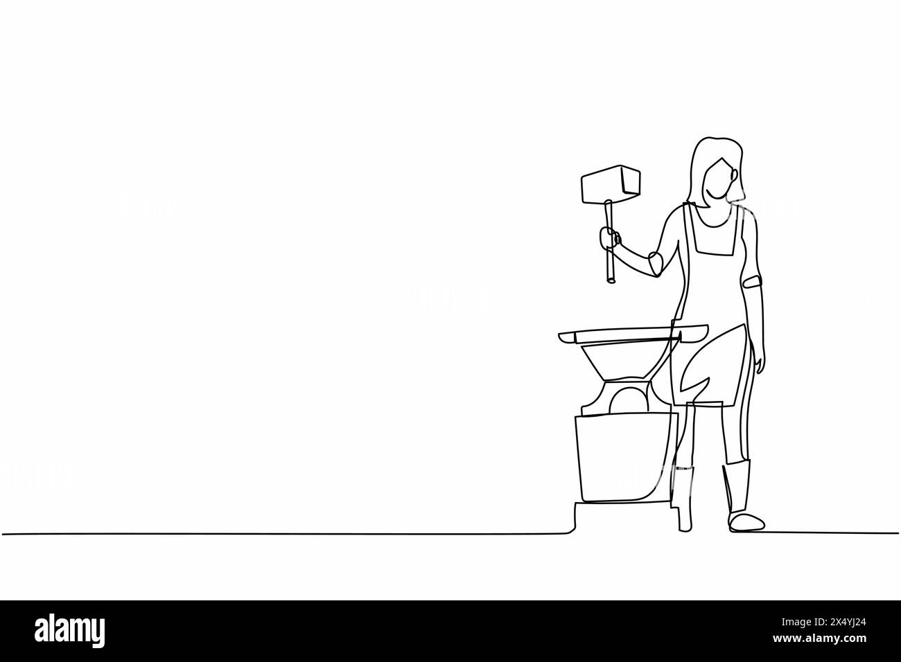 Continuous one line drawing female blacksmith wearing apron standing ...