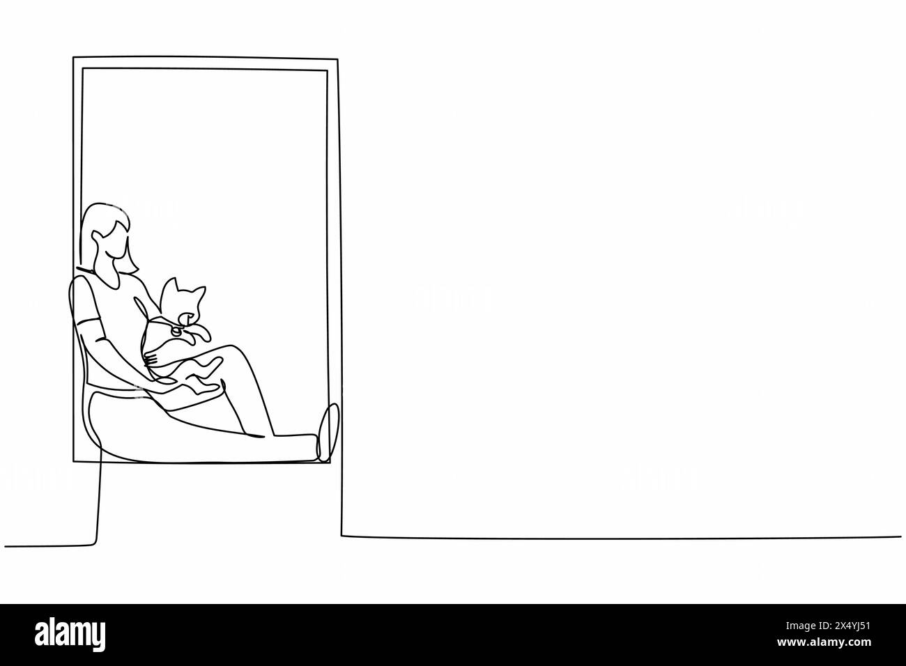 Single continuous line drawing young woman sitting on windowsill and ...