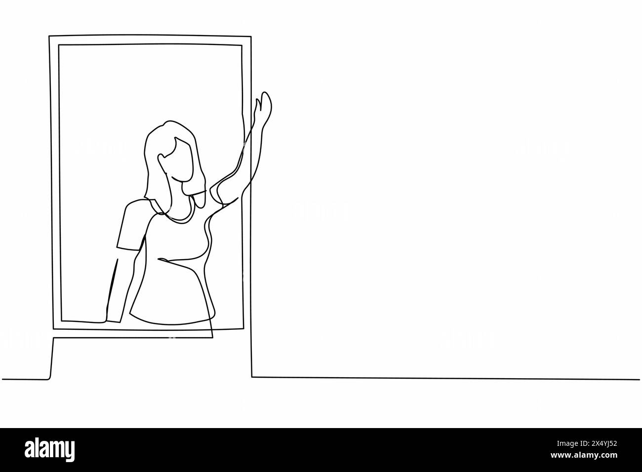 Single one line drawing young female waving at window as look like to ...