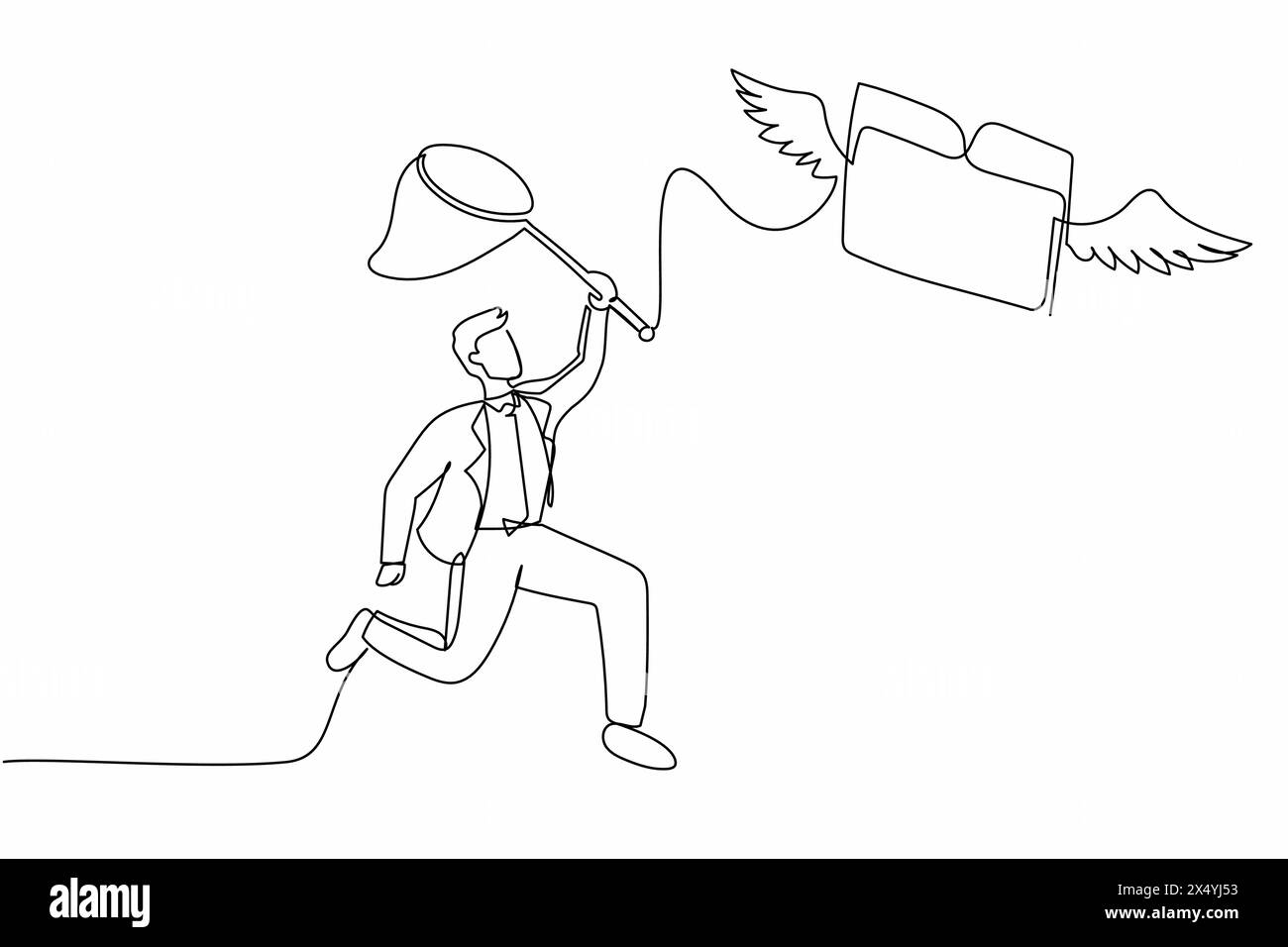 Single continuous line drawing businessman try to catching flying ...