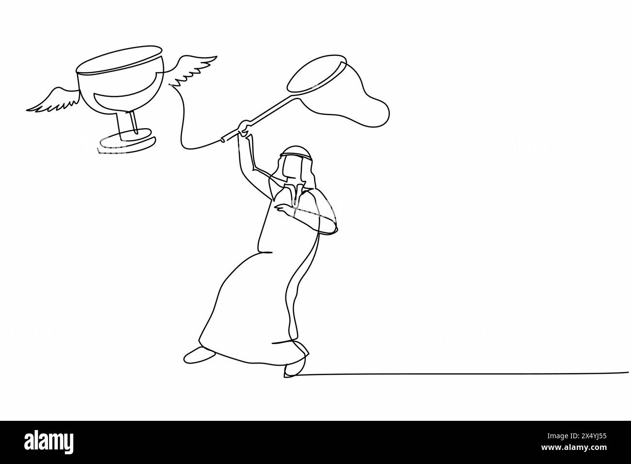 Continuous one line drawing Arab businessman try to catching flying ...