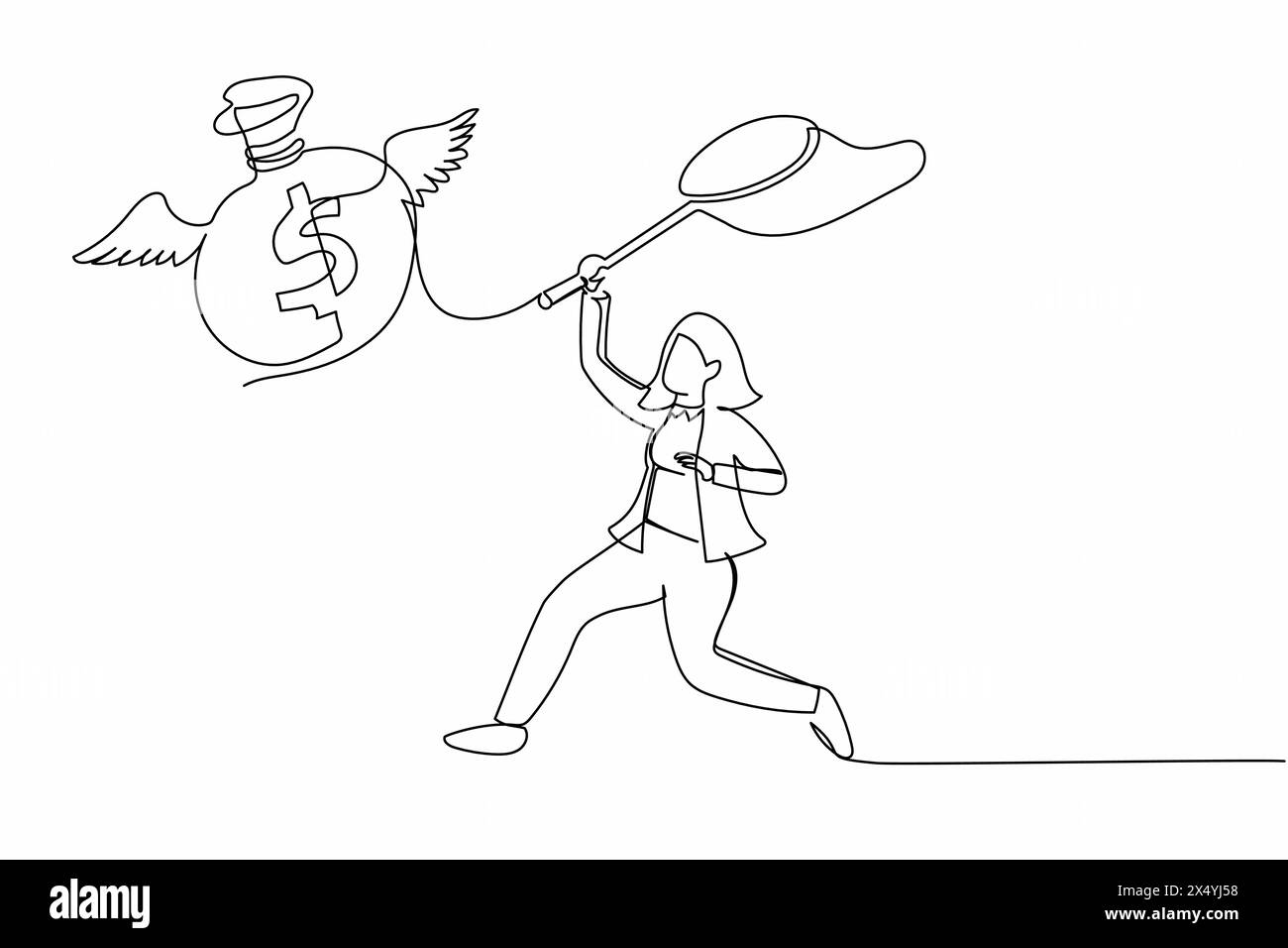 Single continuous line drawing businesswoman try to catching flying ...