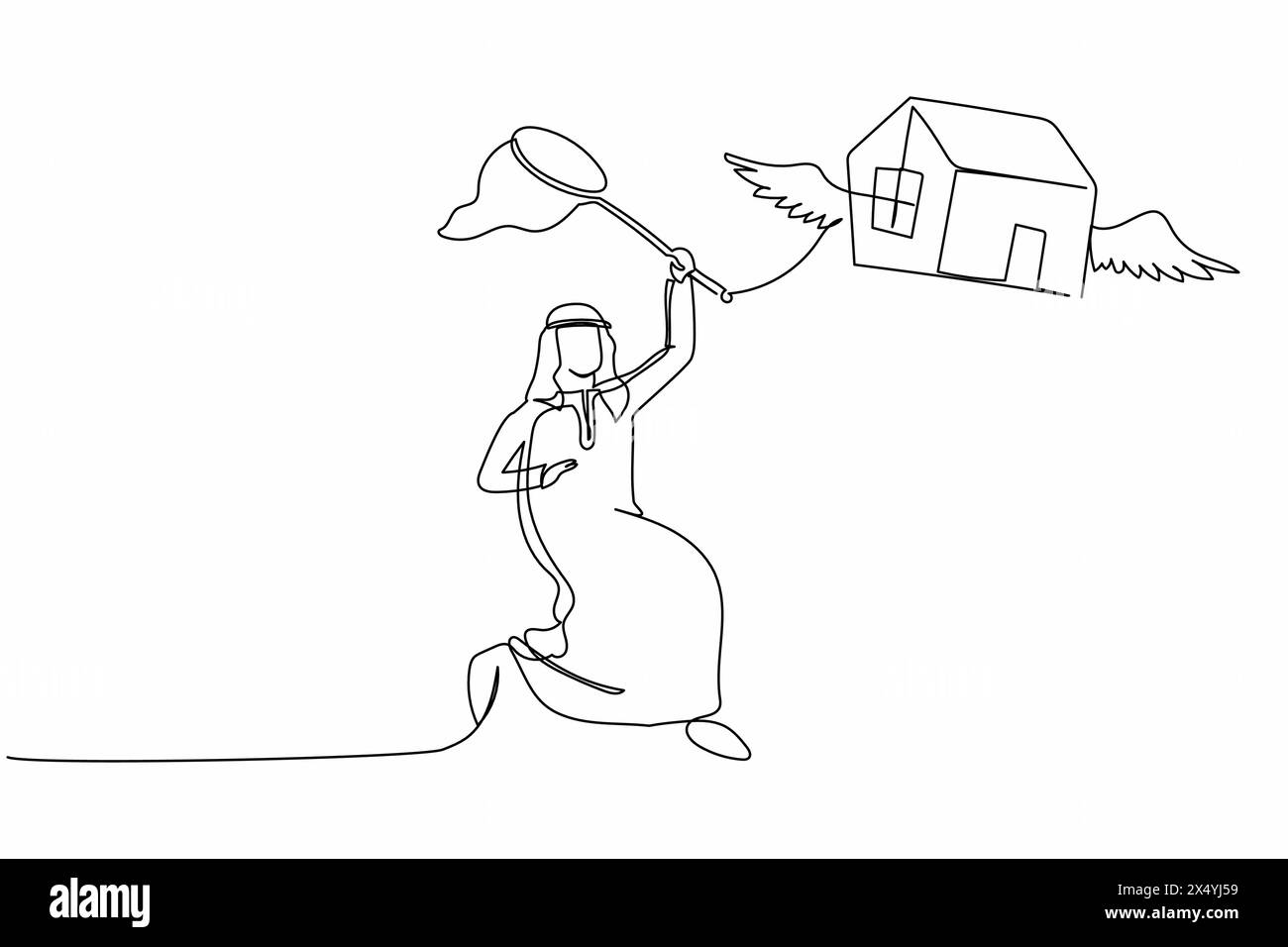 Single one line drawing Arabian businessman try to catching flying ...