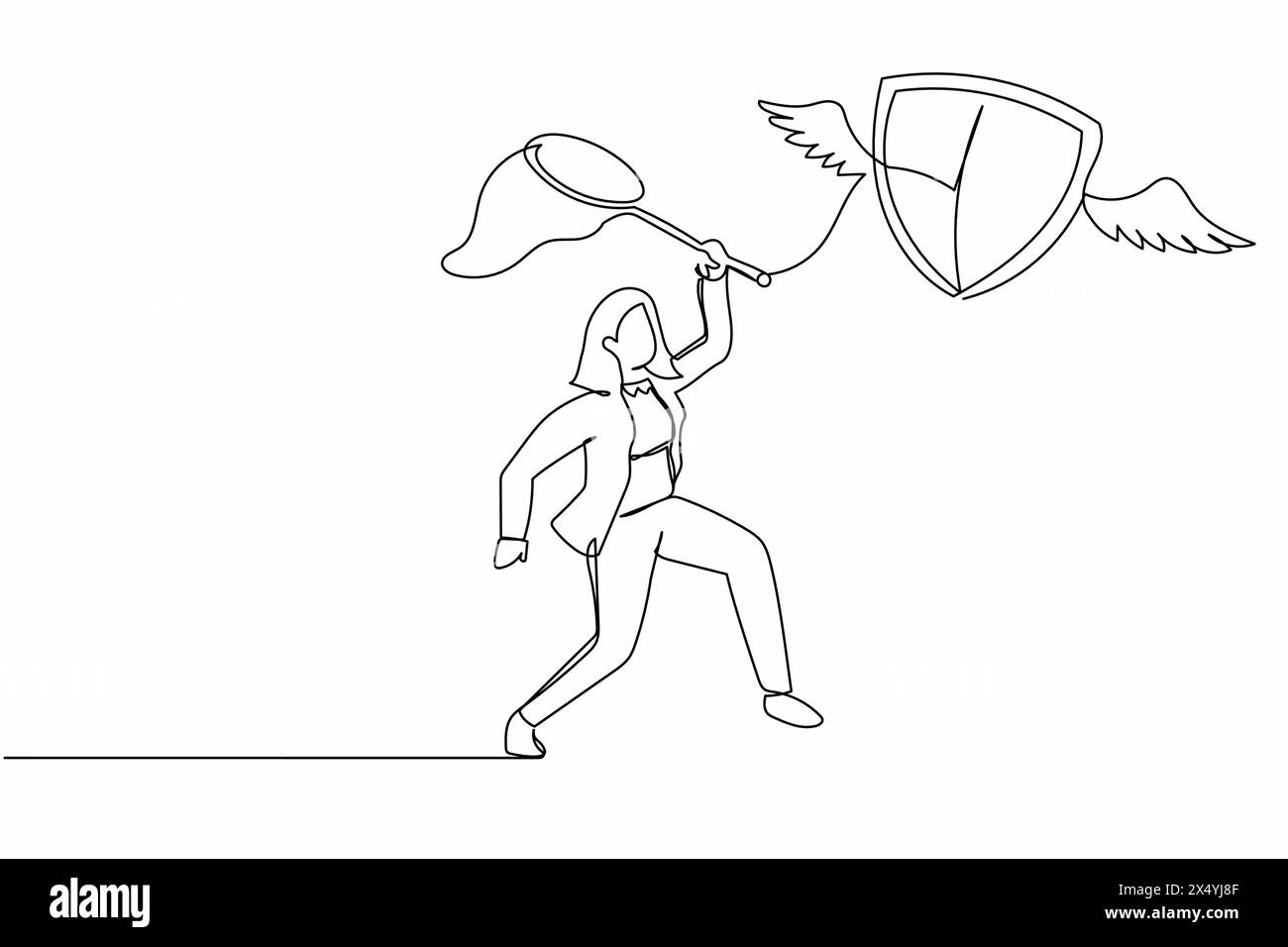 Single one line drawing businesswoman try to catch flying shield with ...