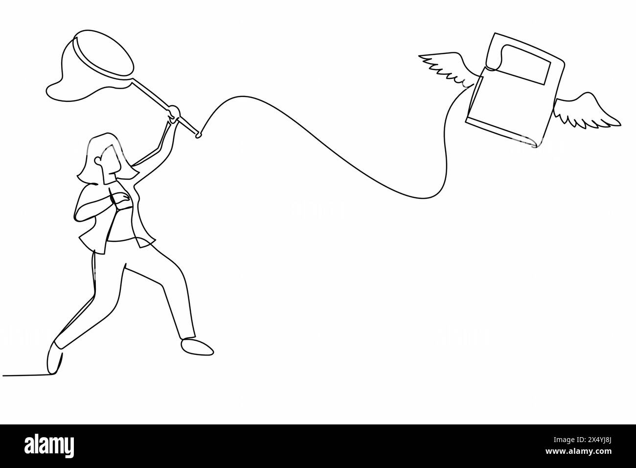 Single continuous line drawing businesswoman try to catching flying ...