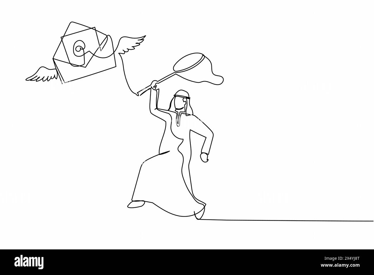 Continuous one line drawing Arab businessman try to catching flying ...