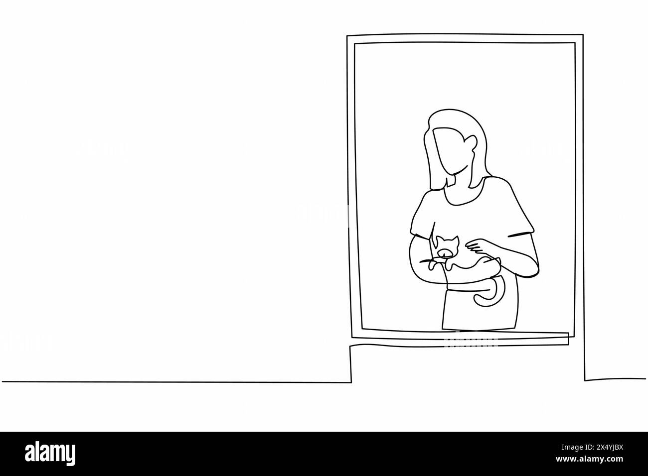 Single continuous line drawing woman holding cat and looking through ...