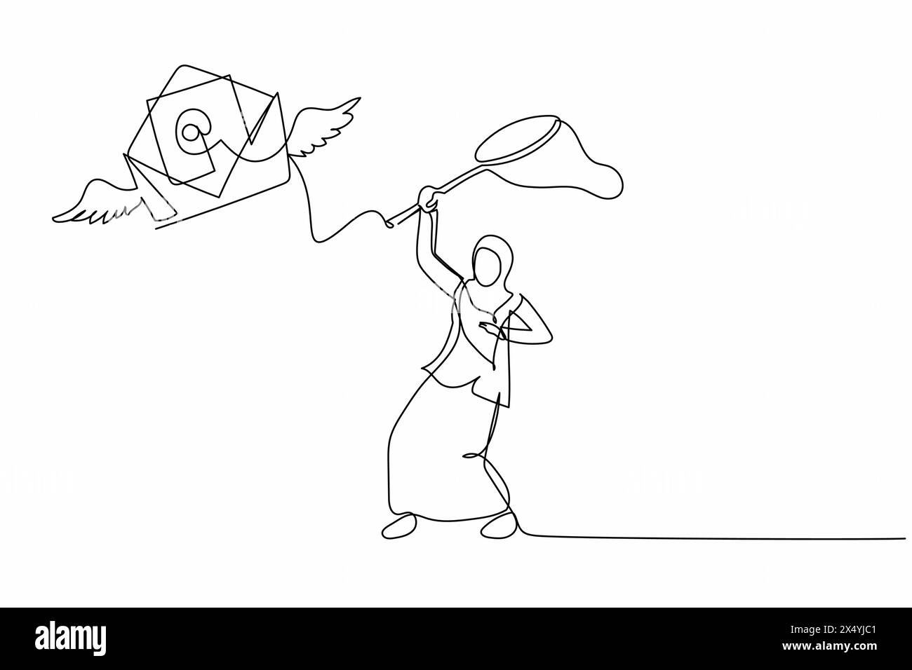 Single one line drawing Arab businesswoman try to catching flying mail ...