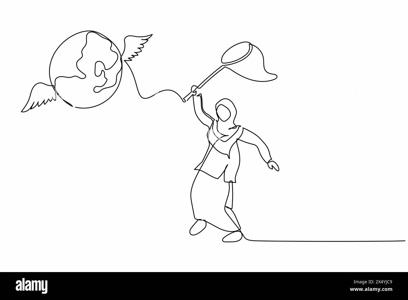 Continuous one line drawing Arab businesswoman try to catching flying ...
